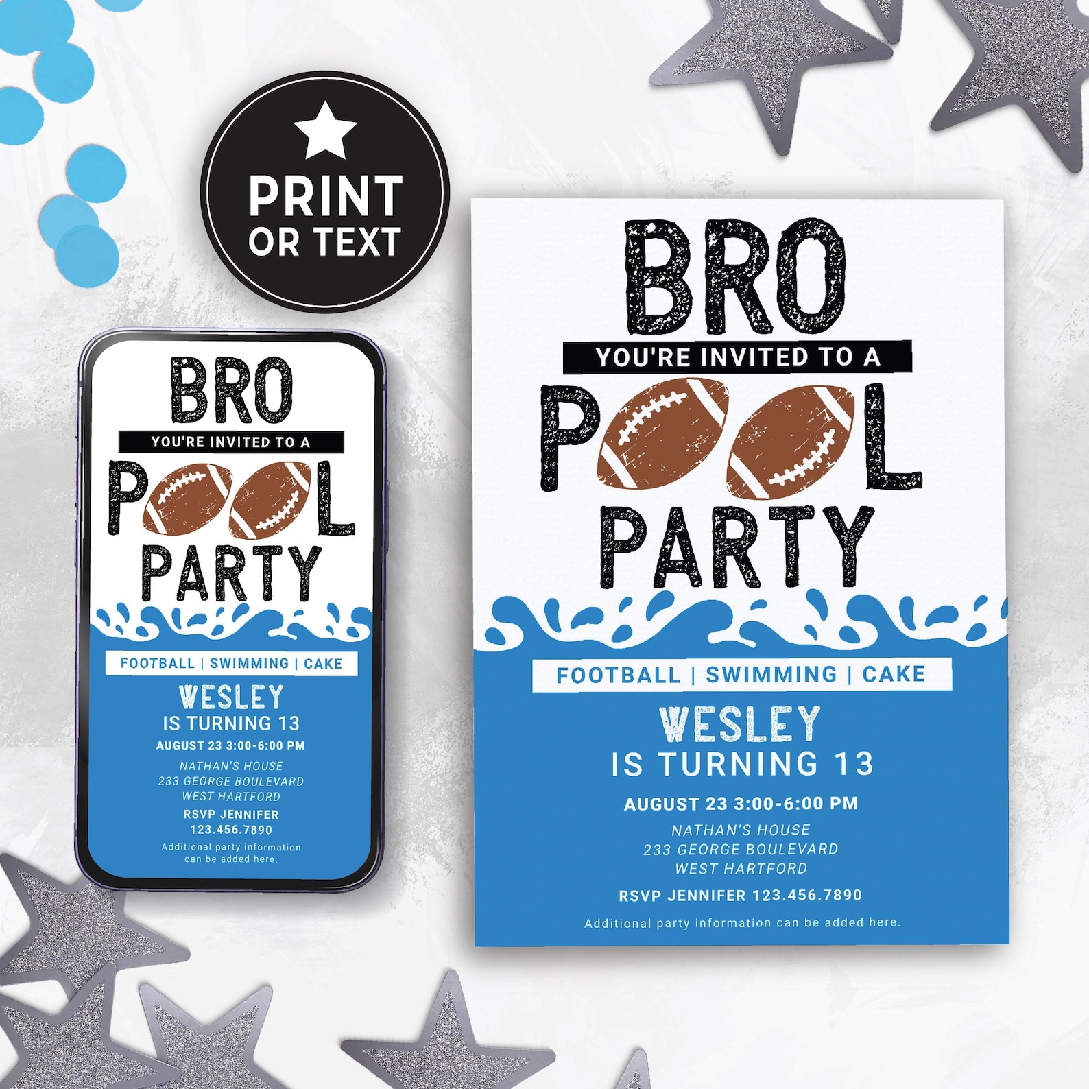 Editable Football Pool Party Invitation Boy, Football Mobile Birthday ...