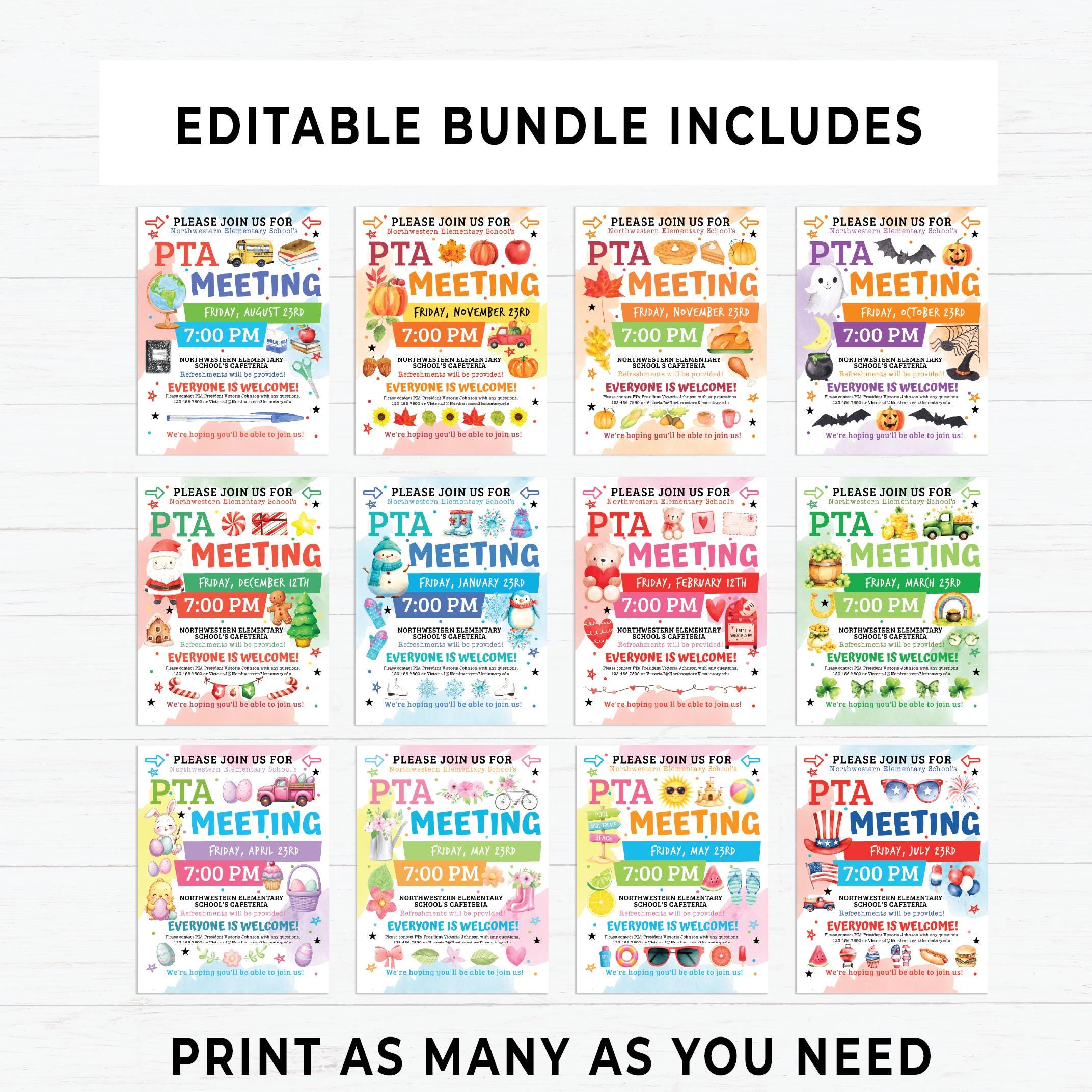 Editable Complete PTO PTA Flyer Bundle, PTA Templates Bundle, 12 Months ...