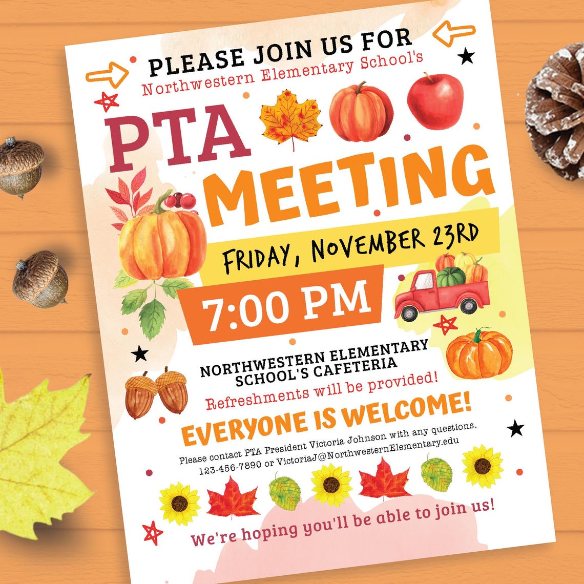 Editable PTO PTA Fall Meeting Flyer, Meeting Reminder Invitation ...
