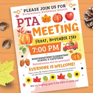 Editable PTO PTA Fall Meeting Flyer, Meeting Reminder Invitation ...