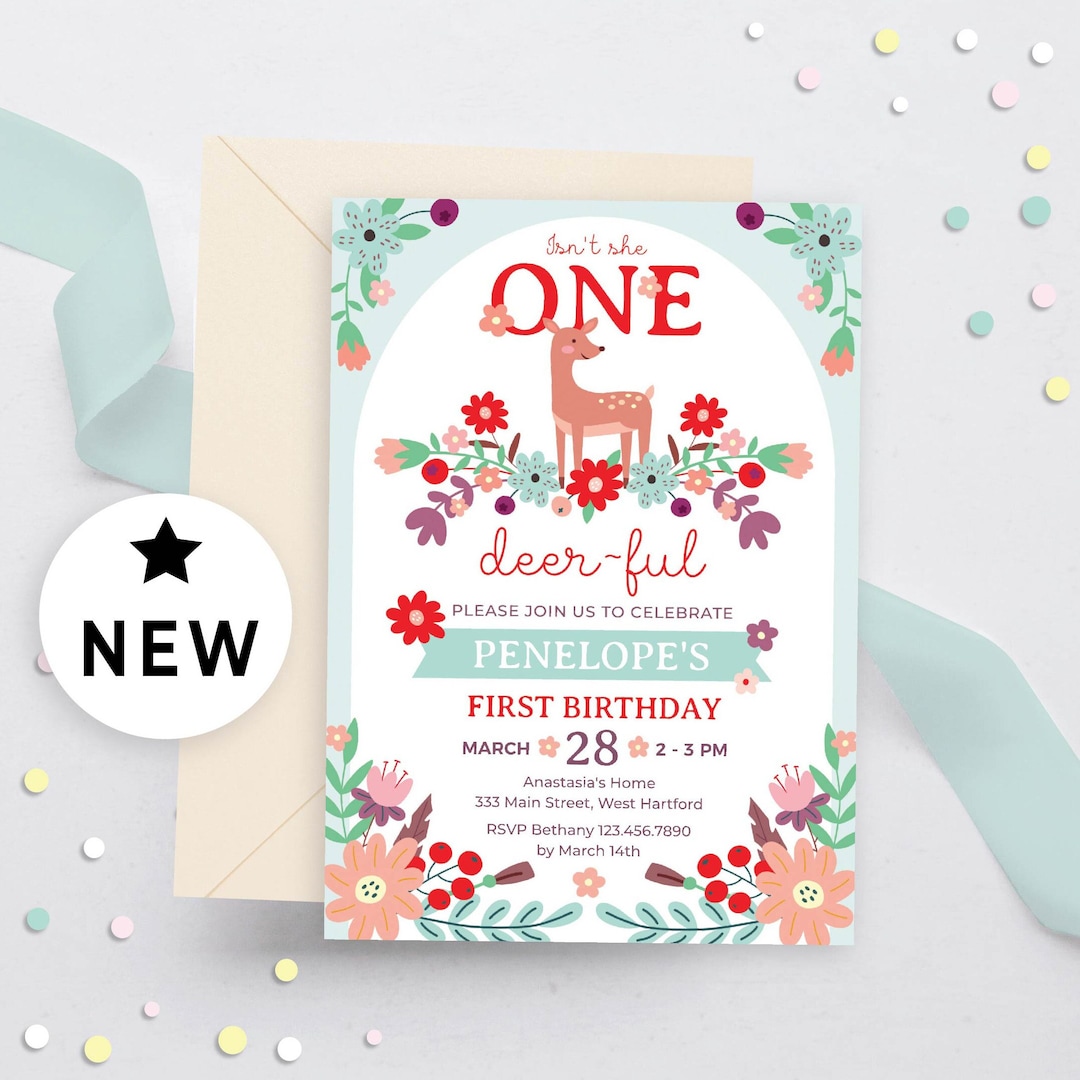Editable Fawn First Birthday Party Invitations, One-deer-ful Birthday ...