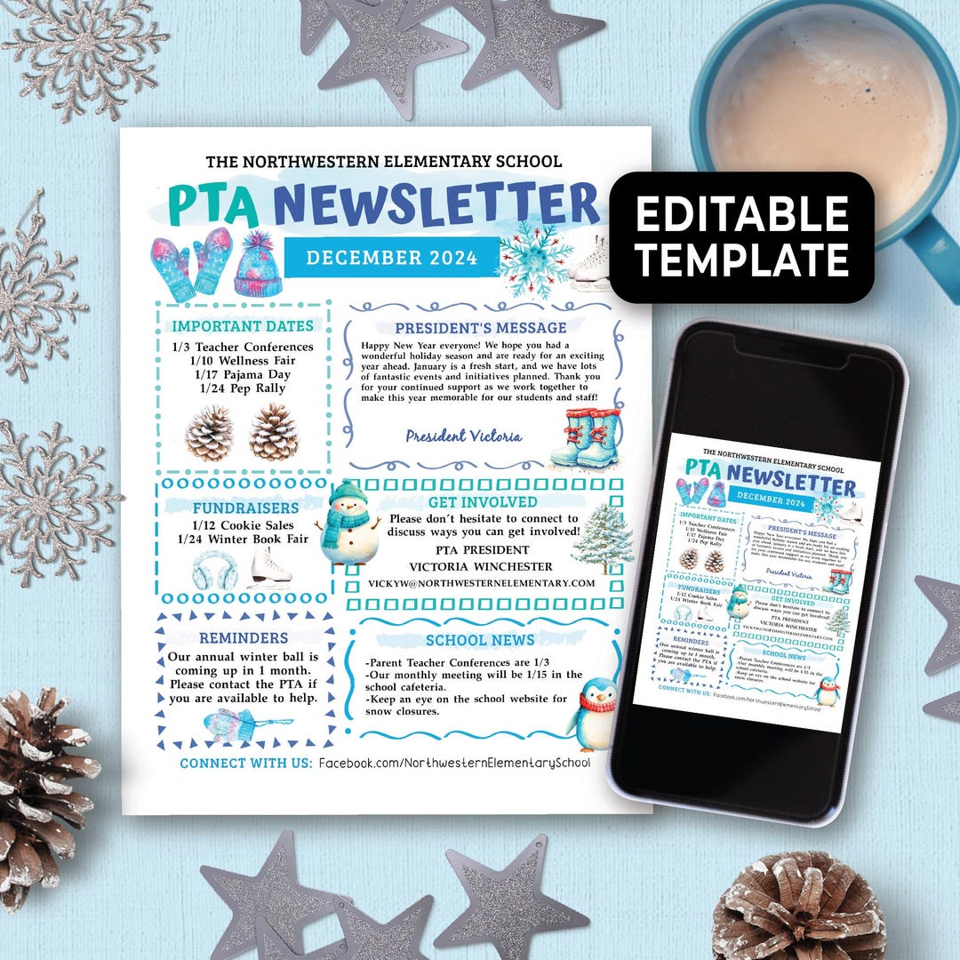 Editable PTO PTA Winter Newsletter Template, December, January ...