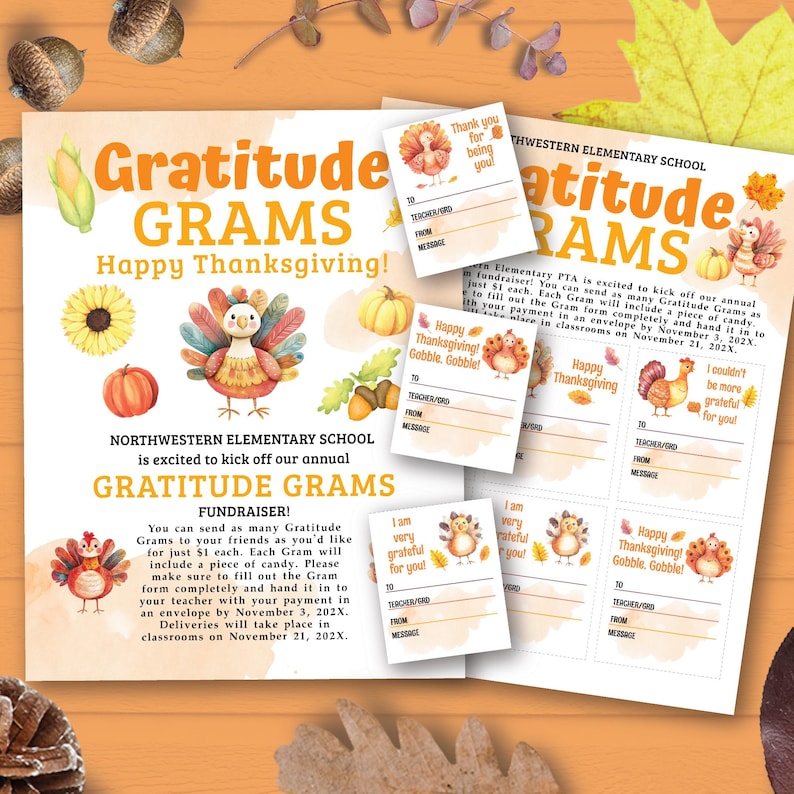 Editable Gratitude Gram Flyer, Gobble Gram Sheets, Thanksgiving Candy ...