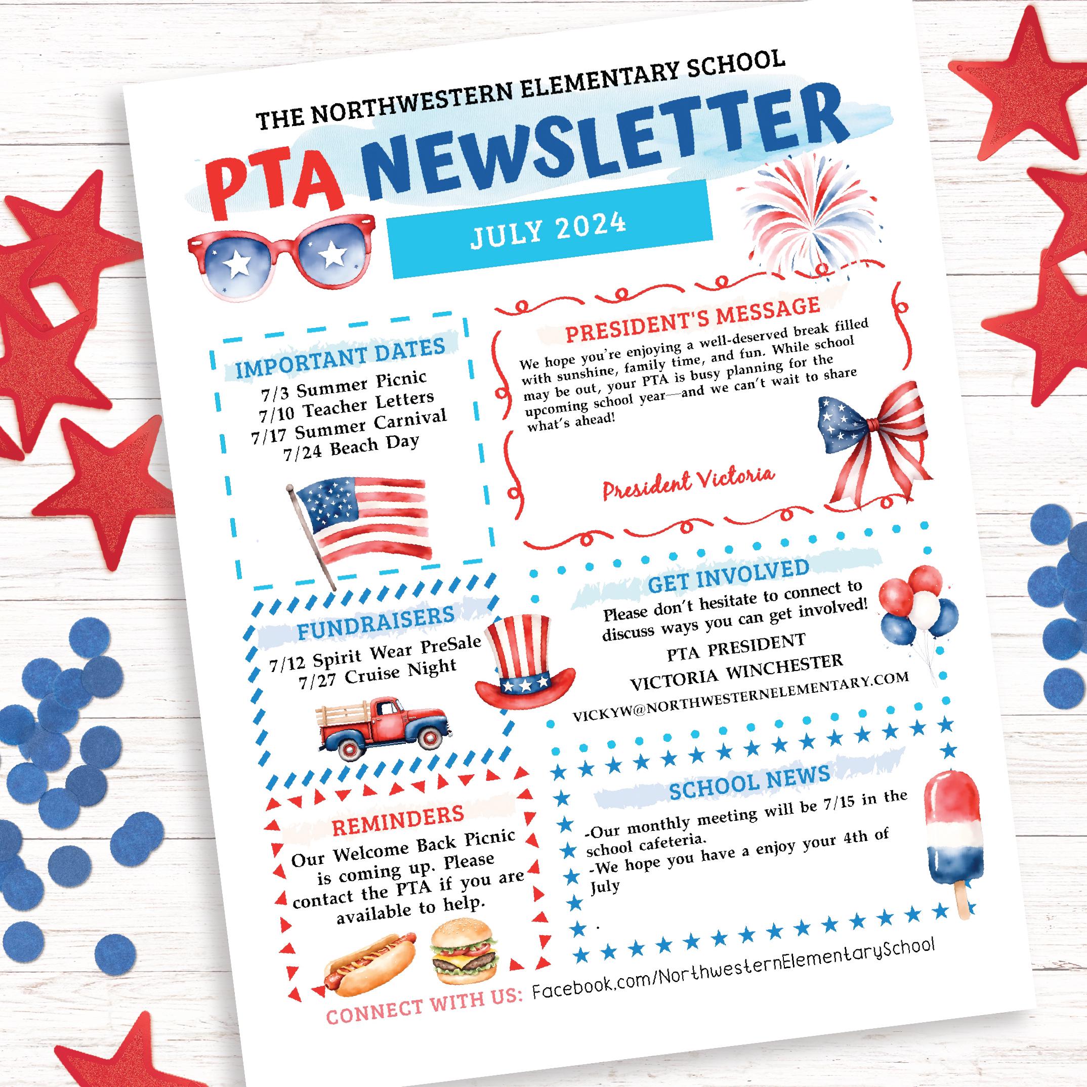 Editable PTO PTA July Newsletter Template, Summer Themed Volunteer ...