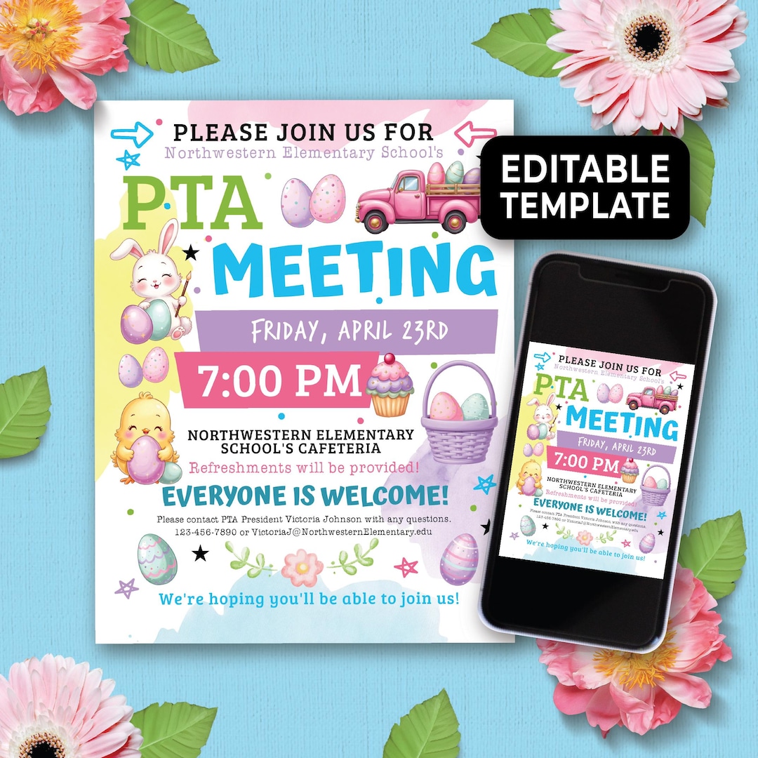 Editable PTO PTA April Meeting Flyer, Meeting Reminder Invitation ...