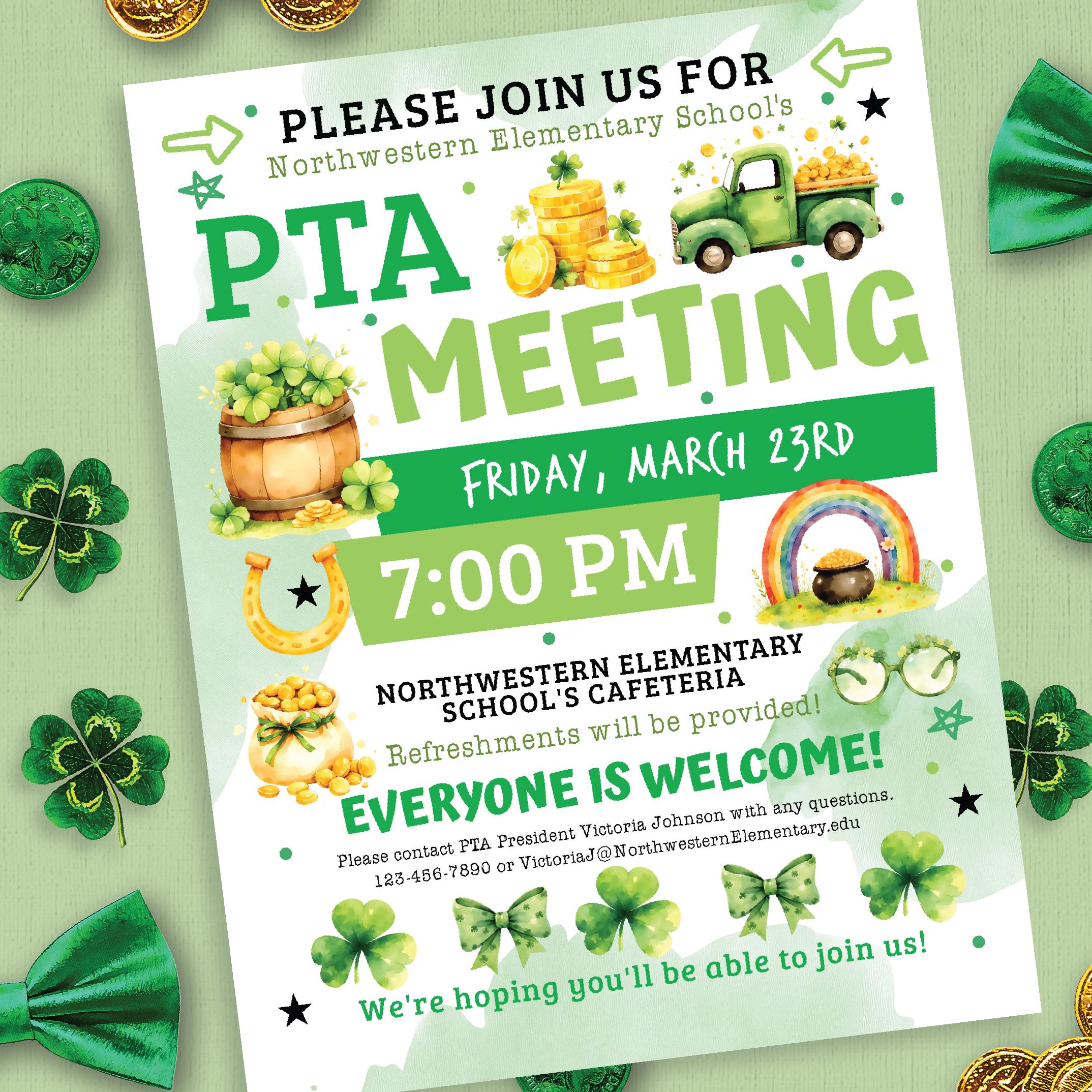 Editable PTO PTA March Meeting Flyer, Meeting Reminder Invitation ...