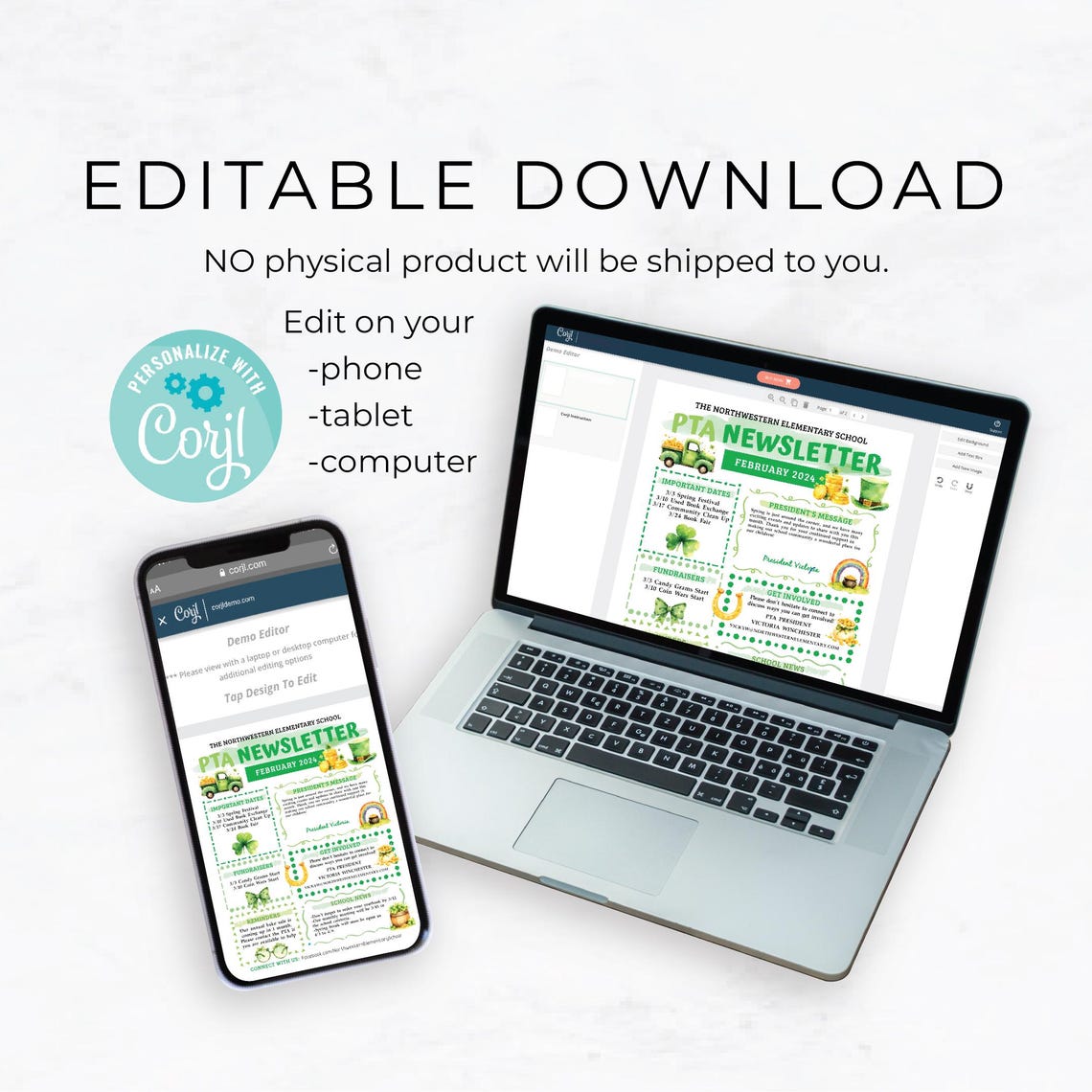 Editable PTO PTA March Newsletter Template, St Patrick's Day Themed ...