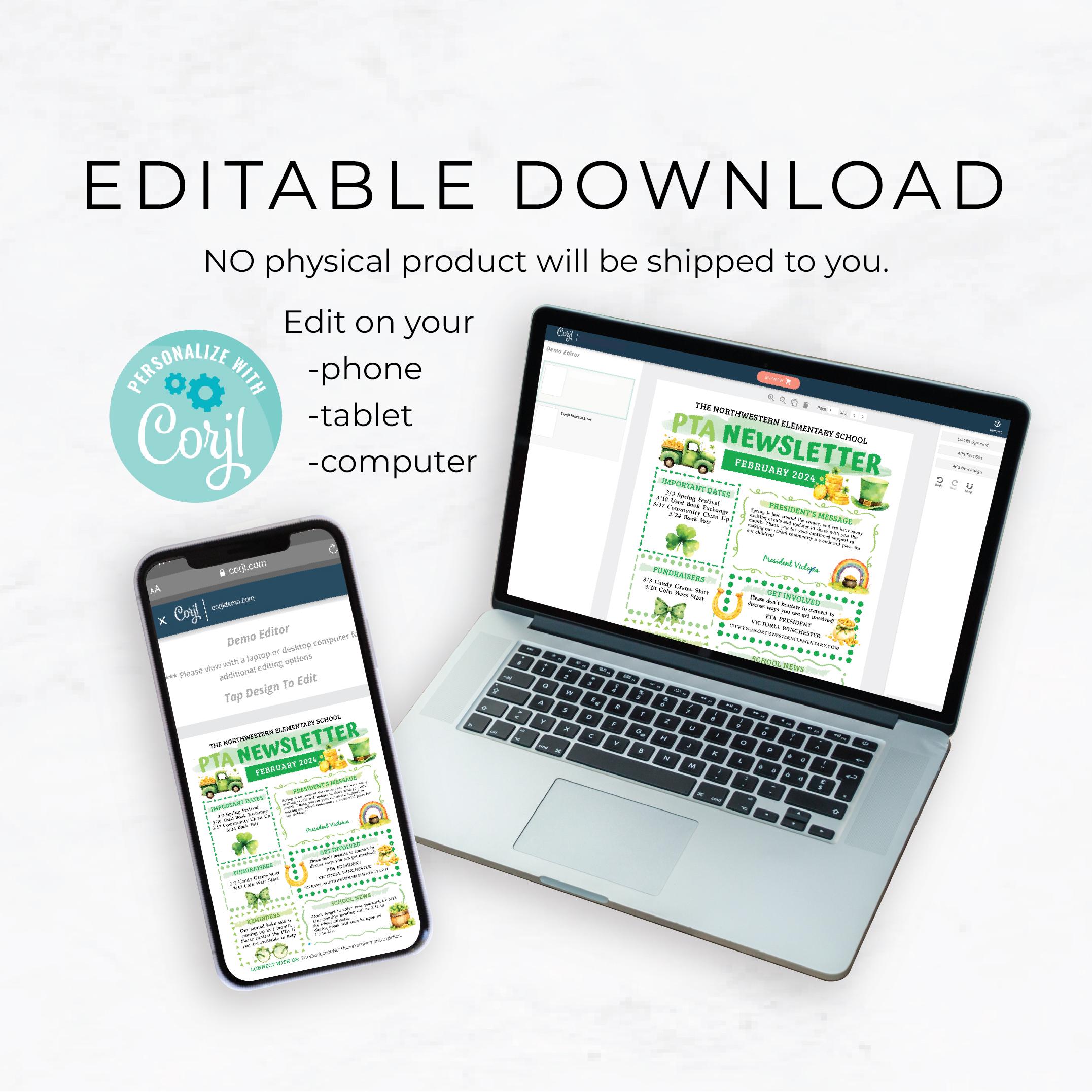 Editable PTO PTA March Newsletter Template, St Patrick's Day Themed ...