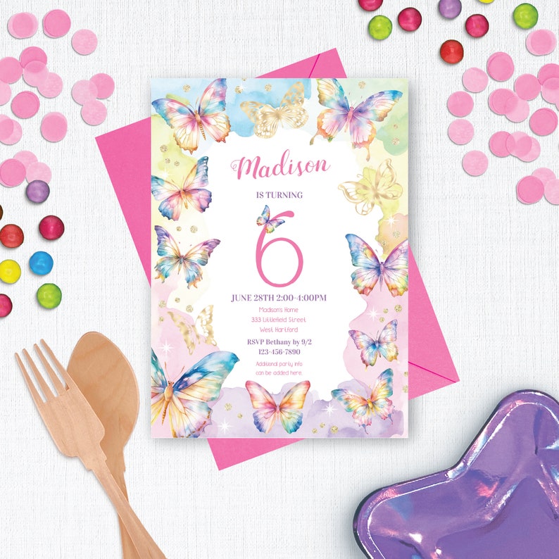 Editable Rainbow Butterfly Invitations, Gold Pastel Monarch Birthday ...