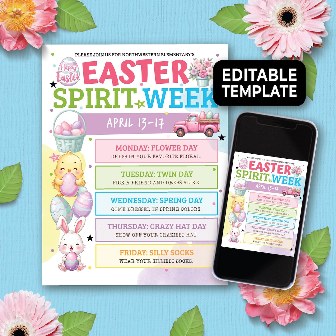 Editable Easter Spirit Week Flyer, Spring Spirit Week Template, April ...