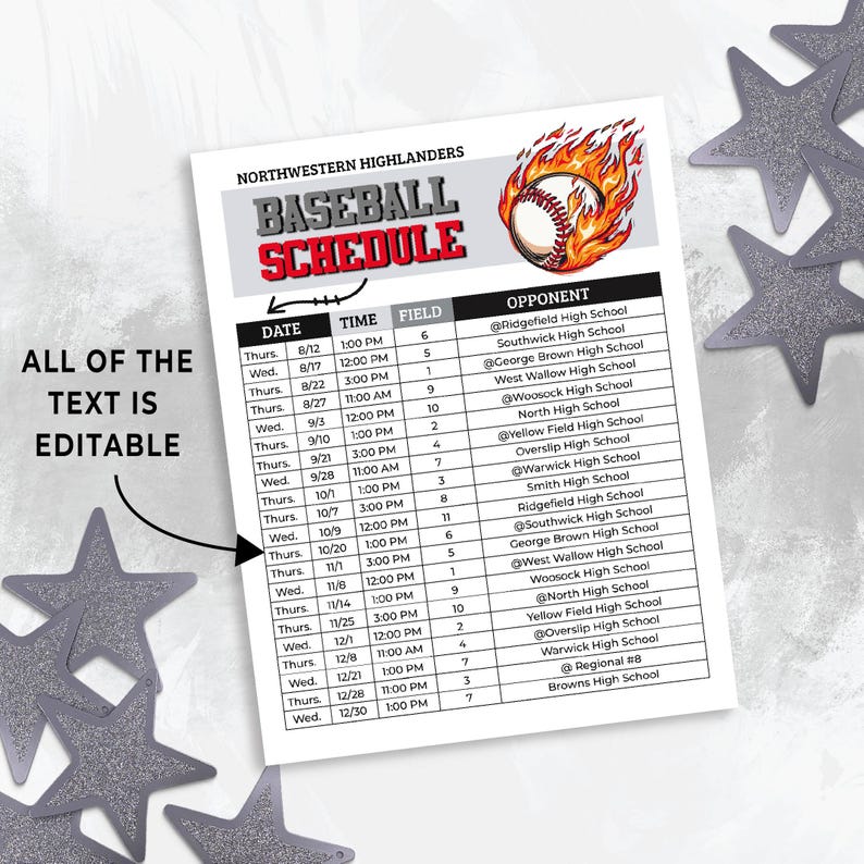 Editable Baseball Schedule Template, Baseball Calendar, Sports Schedule ...