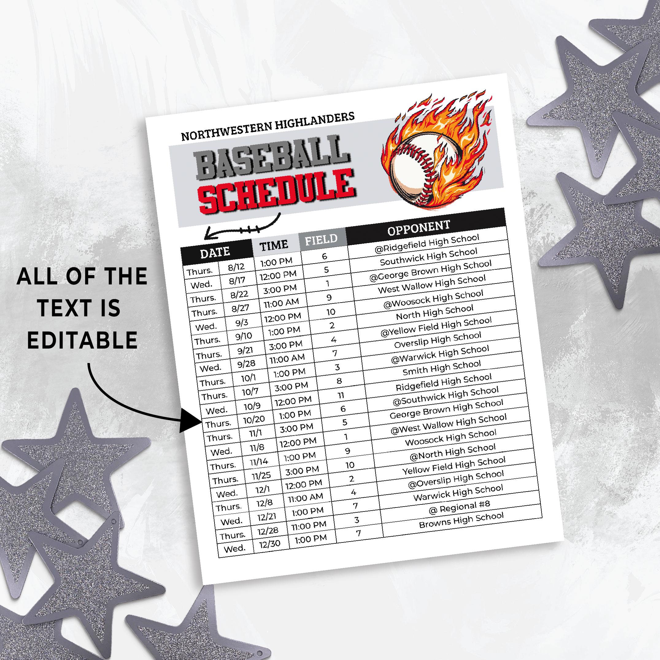 Editable Baseball Schedule Template, Baseball Calendar, Sports Schedule ...