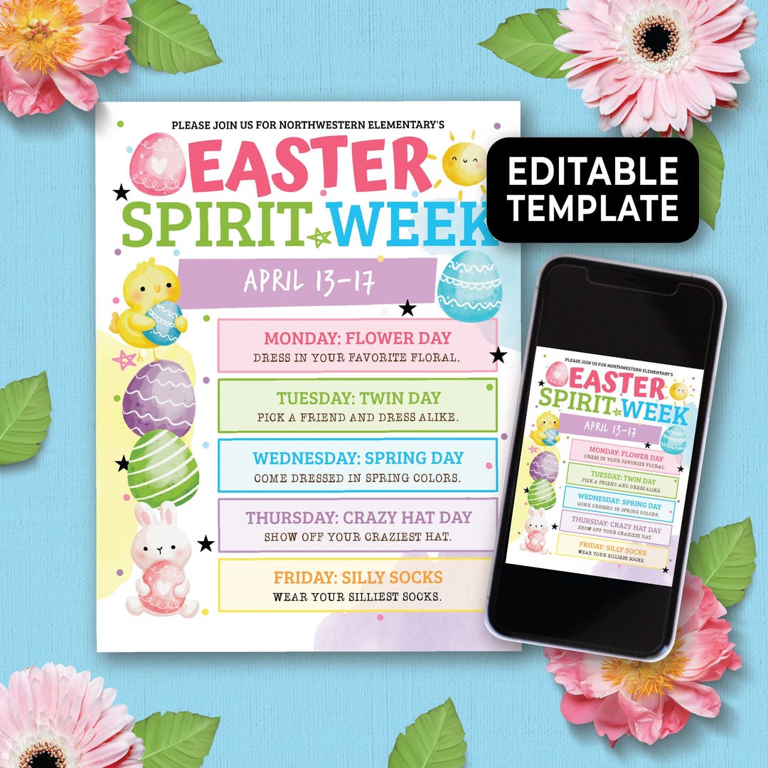Editable Easter Spirit Week Flyer, Spring Spirit Week Template, April ...