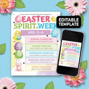Editable Easter Spirit Week Flyer, Spring Spirit Week Template, April ...