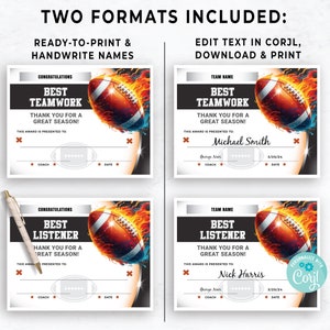 Football Awards Printable, End of Season/year Football Team Award ...