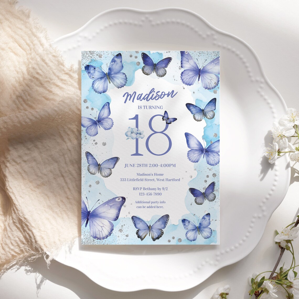 Editable Blue Butterfly Invitations, Pastel Monarch 18th Birthday ...