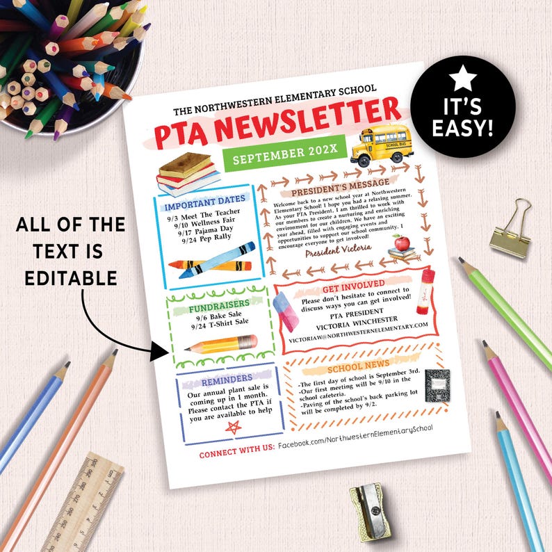Editable PTO PTA Newsletter Template, Welcome Back to School PTA ...