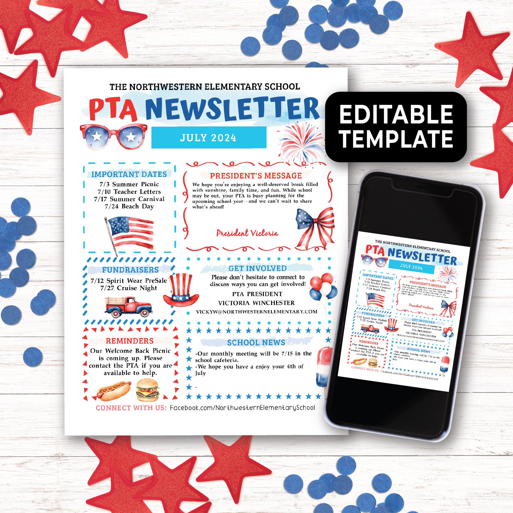 Editable PTO PTA July Newsletter Template, Summer Themed Volunteer ...