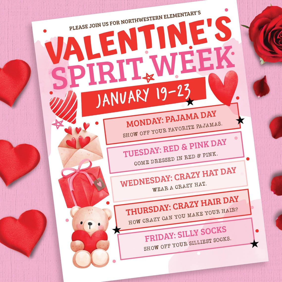 Editable Valentine's Spirit Week Flyer, February Spirit Week Template ...