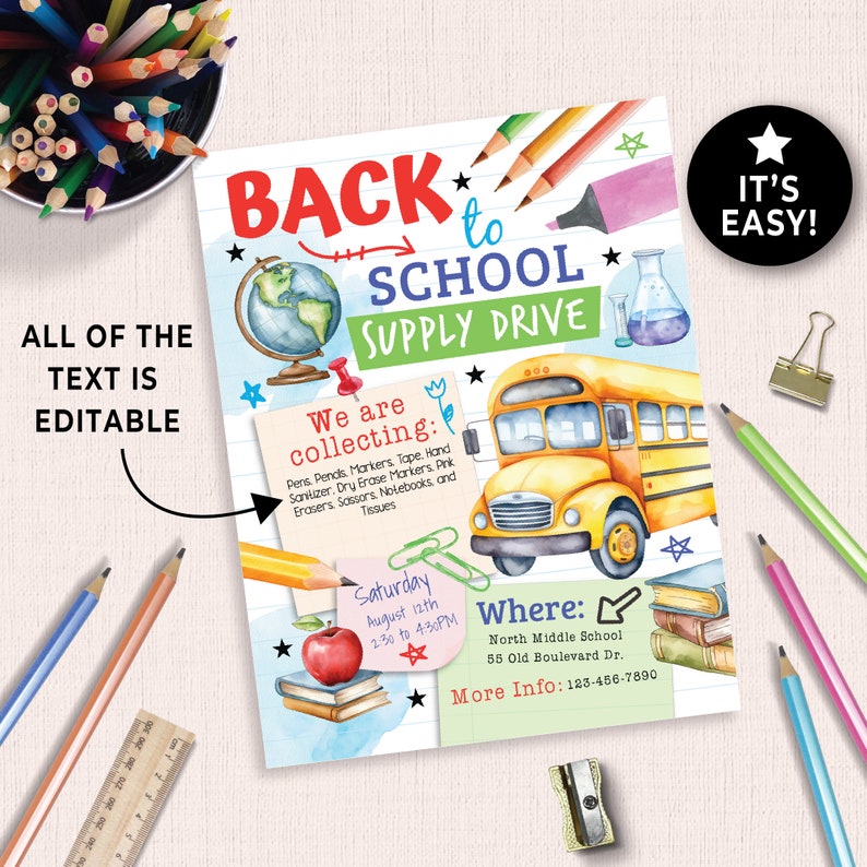Editable School Supply Drive Flyer, Back to School Drive Flyer, School ...