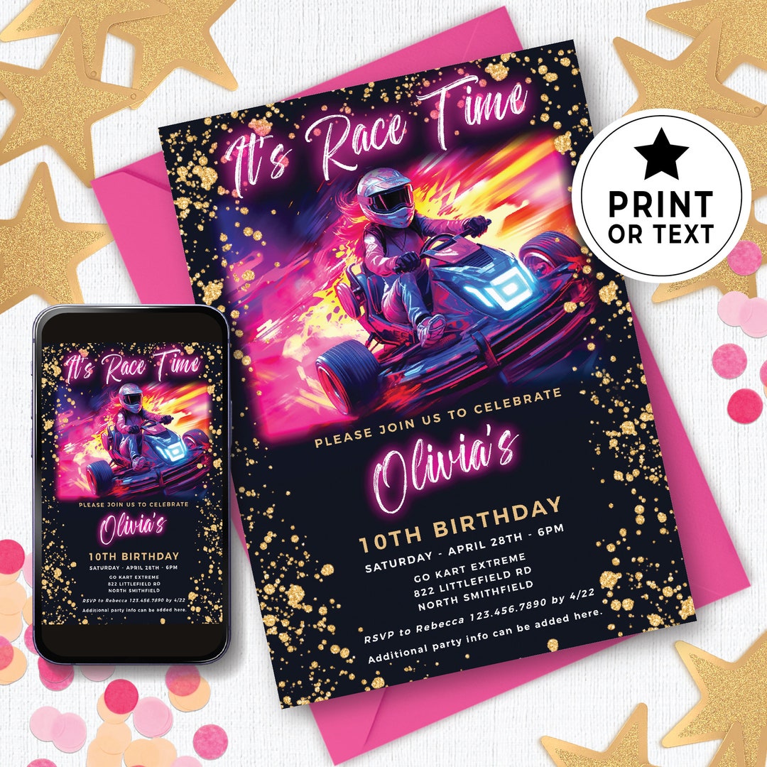 Editable Go Kart Girls Invitation, Gold and Pink Neon Birthday ...