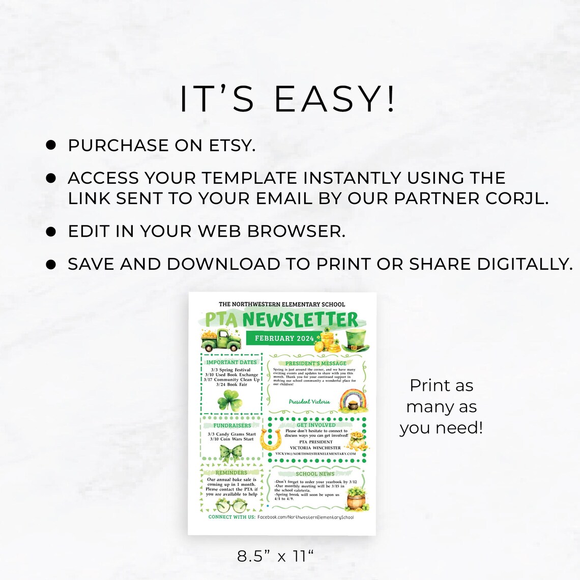 Editable PTO PTA March Newsletter Template, St Patrick's Day Themed ...