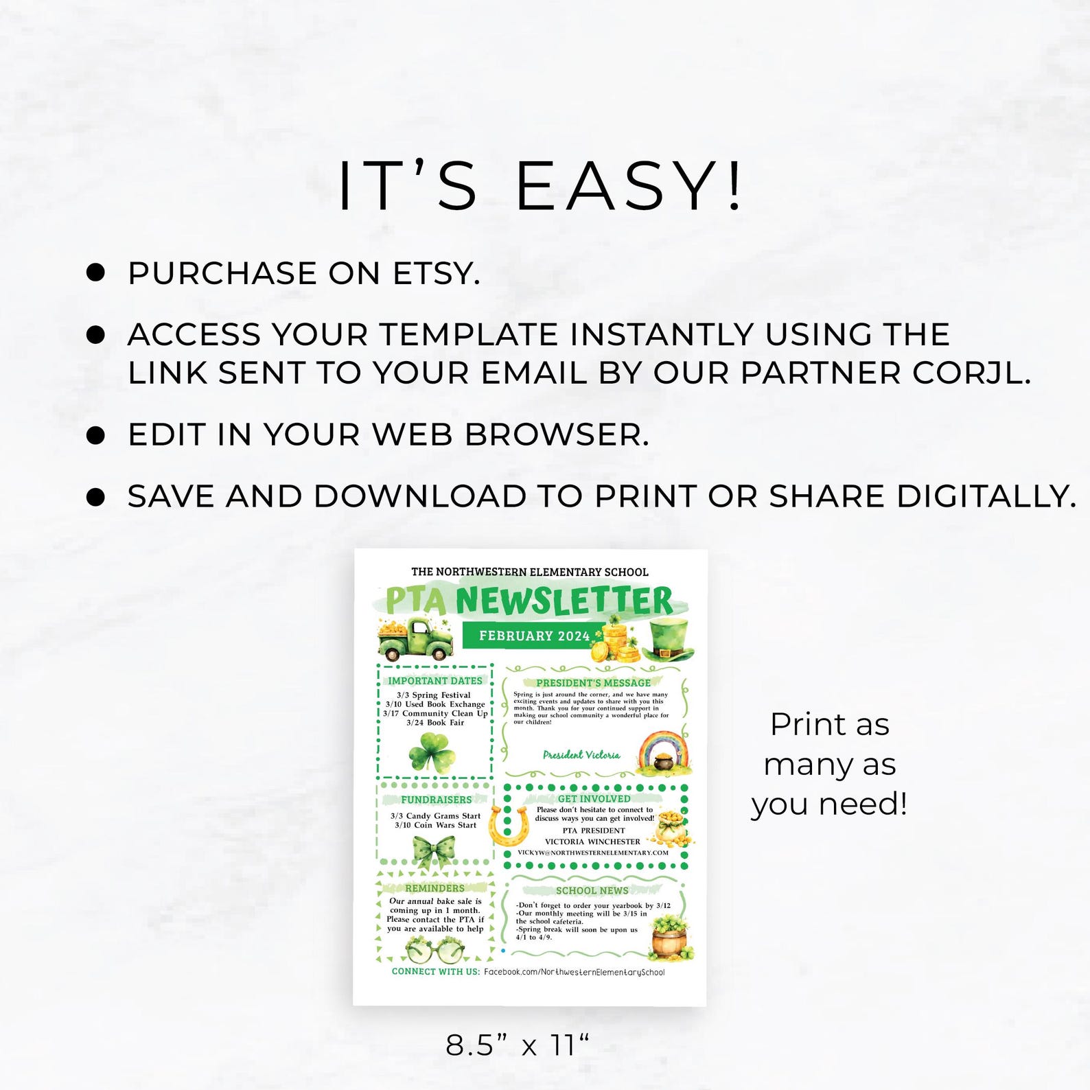 Editable PTO PTA March Newsletter Template, St Patrick's Day Themed ...
