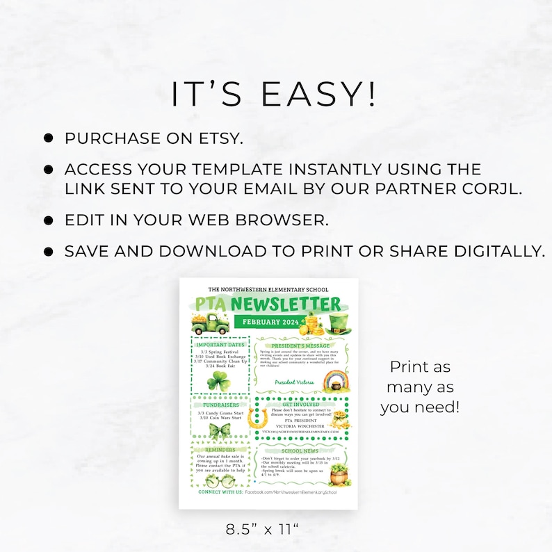 Editable PTO PTA March Newsletter Template, St Patrick's Day Themed ...