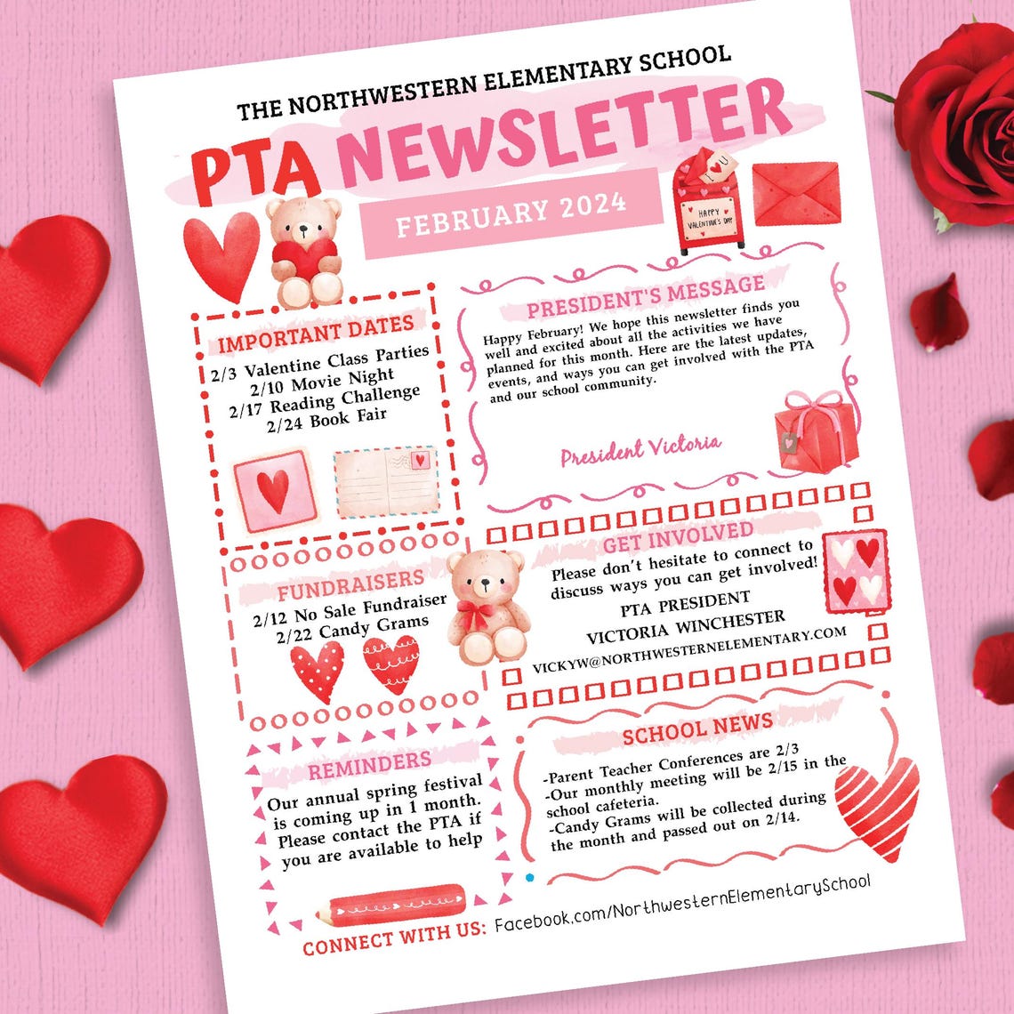 Editable PTO PTA February Newsletter Template, December, Valentine's ...