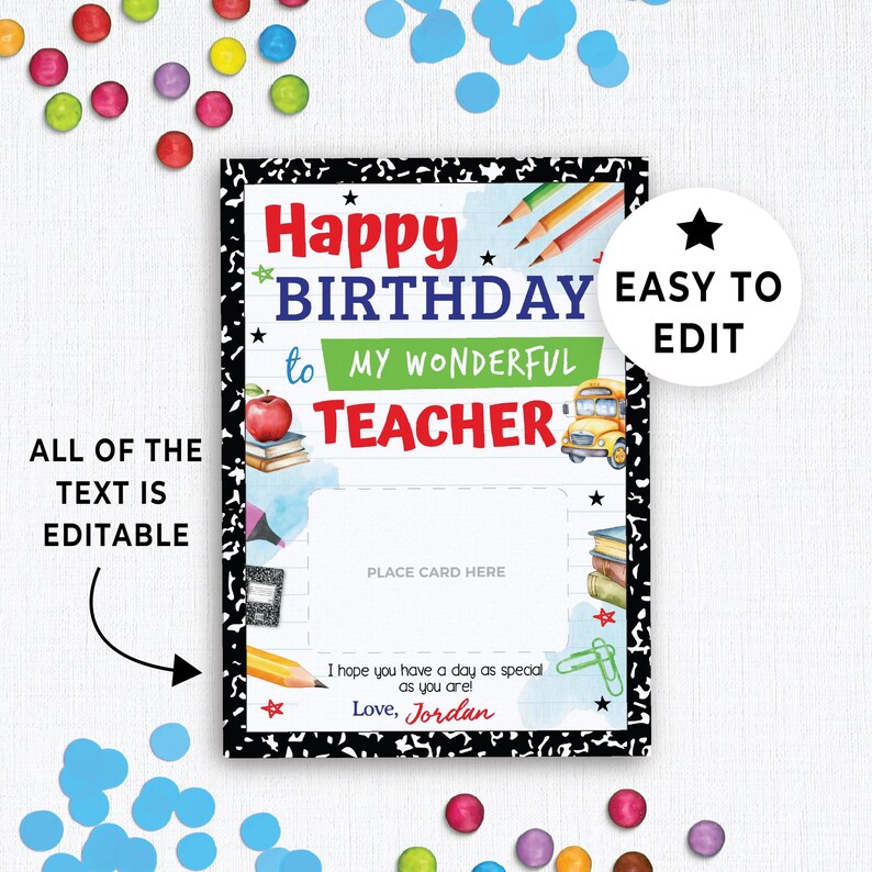 Editable Teacher Birthday Gift Card Holder, Printable Birthday Card for ...