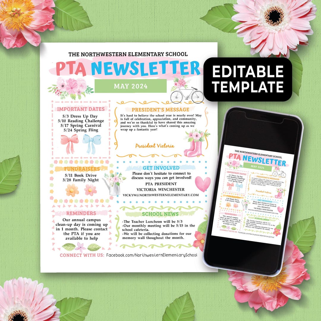 Editable PTO PTA May Newsletter Template, Spring Themed Volunteer ...