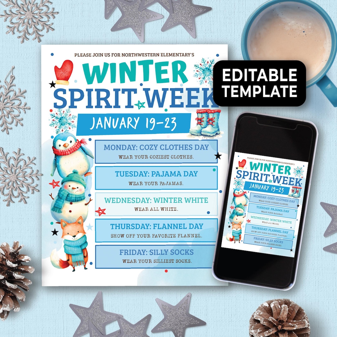 Editable Winter Spirit Week Template, School Spirit Week, Holiday ...