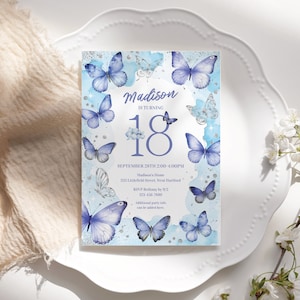 Editable Blue Butterfly Invitations, Silver Pastel Monarch Birthday ...