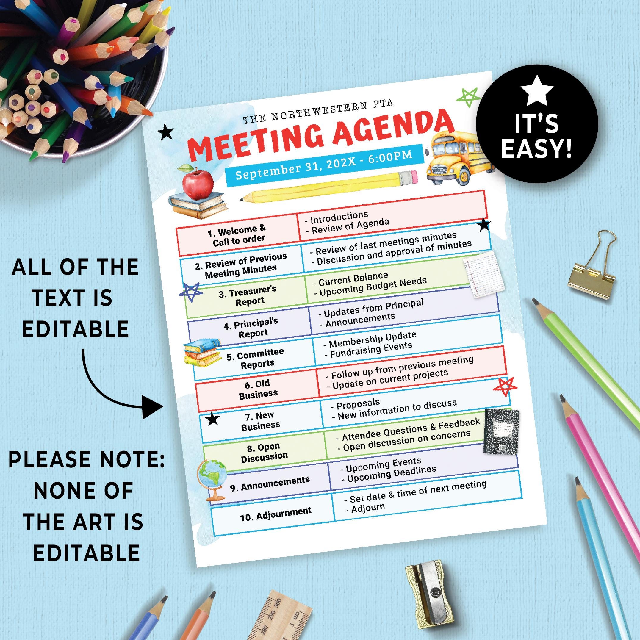 Editable PTO PTA Meeting Agenda Template Flyer 299HL - Etsy