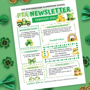 Editable PTO PTA March Newsletter Template, St Patrick's Day Themed ...