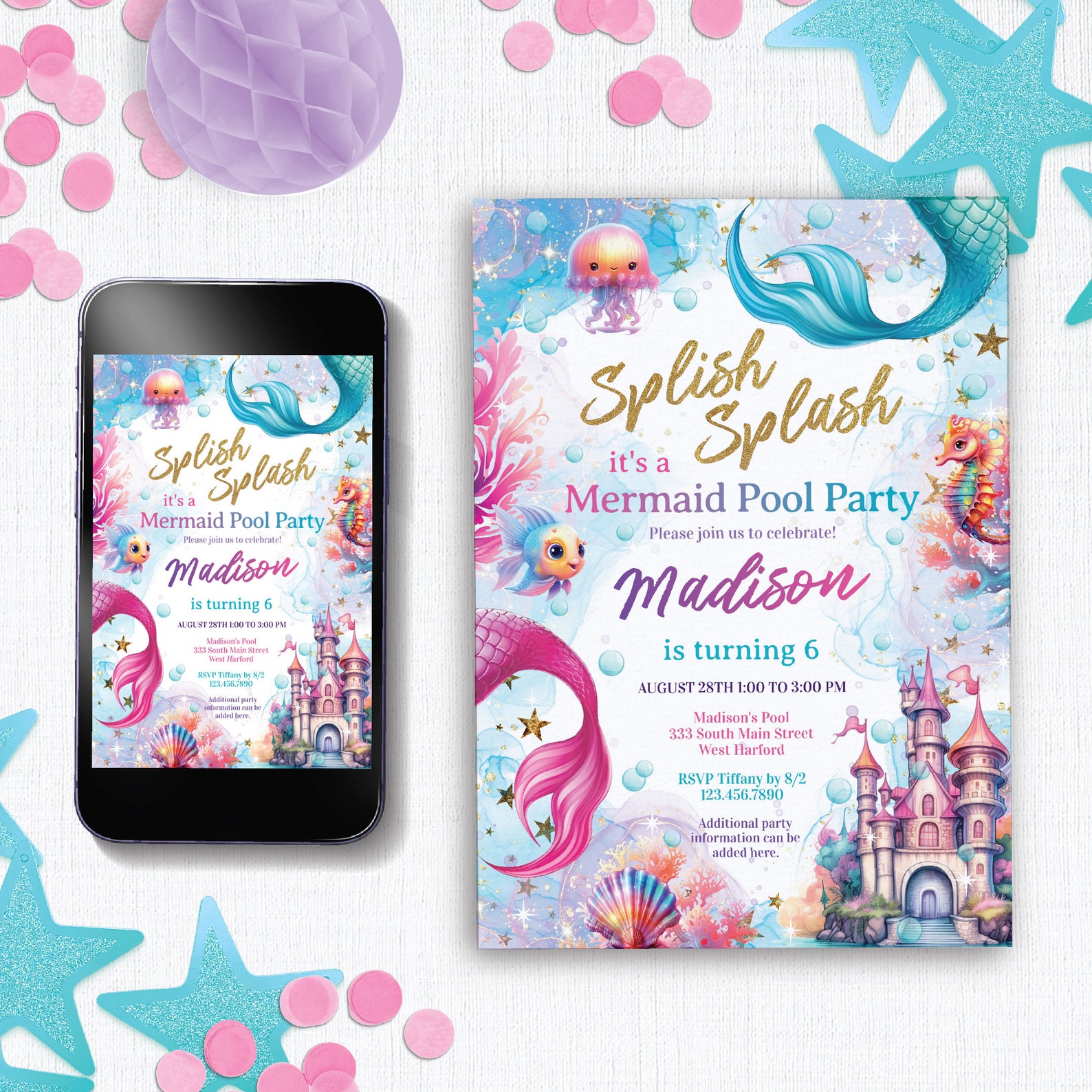 Editable Mermaid Pool Party Birthday Invitation Phone Download or Print ...