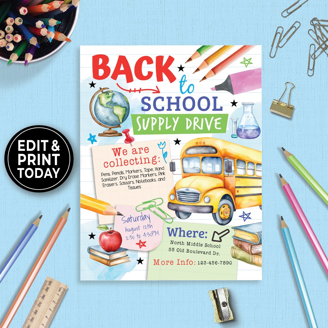 Editable School Supply Drive Flyer, Back to School Drive Flyer, School ...