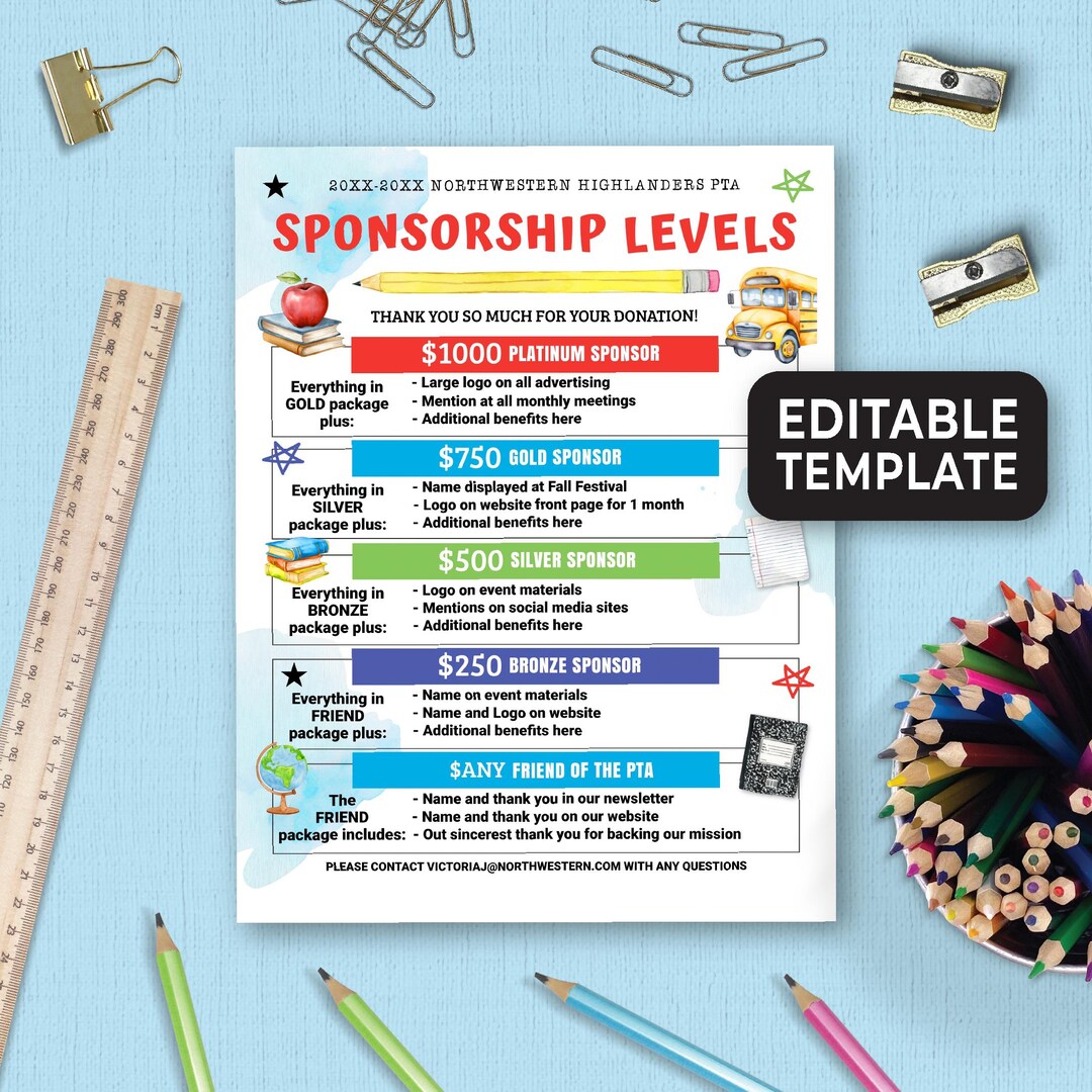 Editable PTA/PTO Sponsorship Levels Form Template, PTA Fundraiser Donation, Nonprofit ...