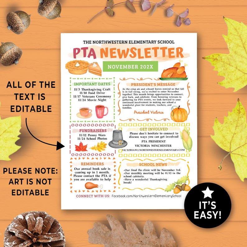 Editable PTO PTA November Newsletter Template, Thanksgiving Themed ...