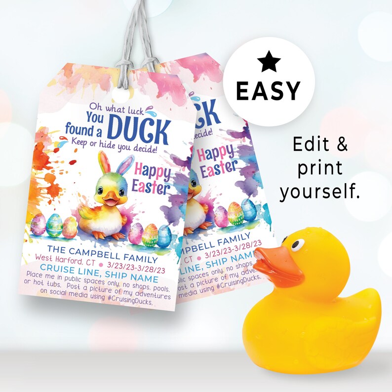 Editable Cruising Duck Tags Easter, Printable Tags for Easter Duck Tags ...
