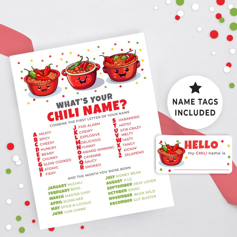 What's Your Chili Name Game With Name Tags, Funny Chili Cook off ...