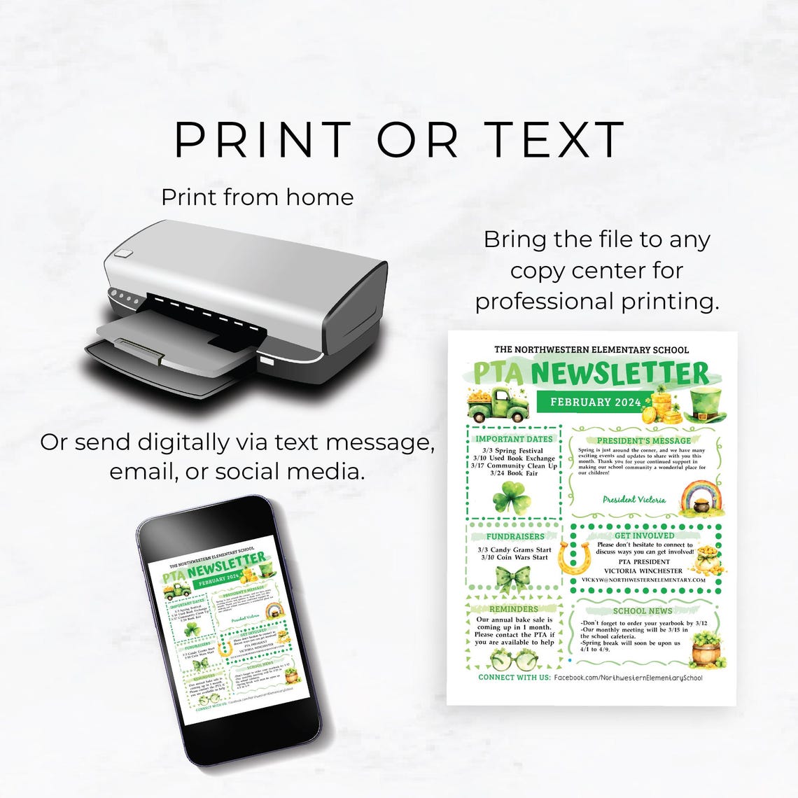 Editable PTO PTA March Newsletter Template, St Patrick's Day Themed ...