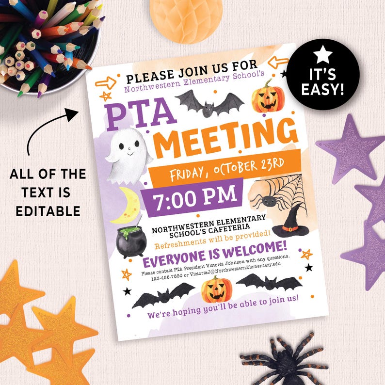 Editable PTO PTA October Meeting Flyer, Meeting Reminder Invitation ...