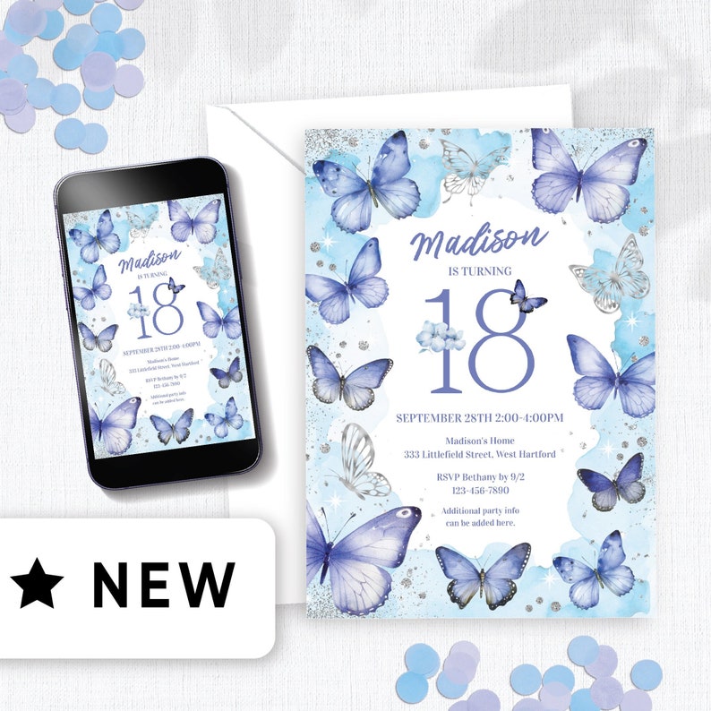 Editable Blue Butterfly Invitations, Silver Pastel Monarch Birthday ...