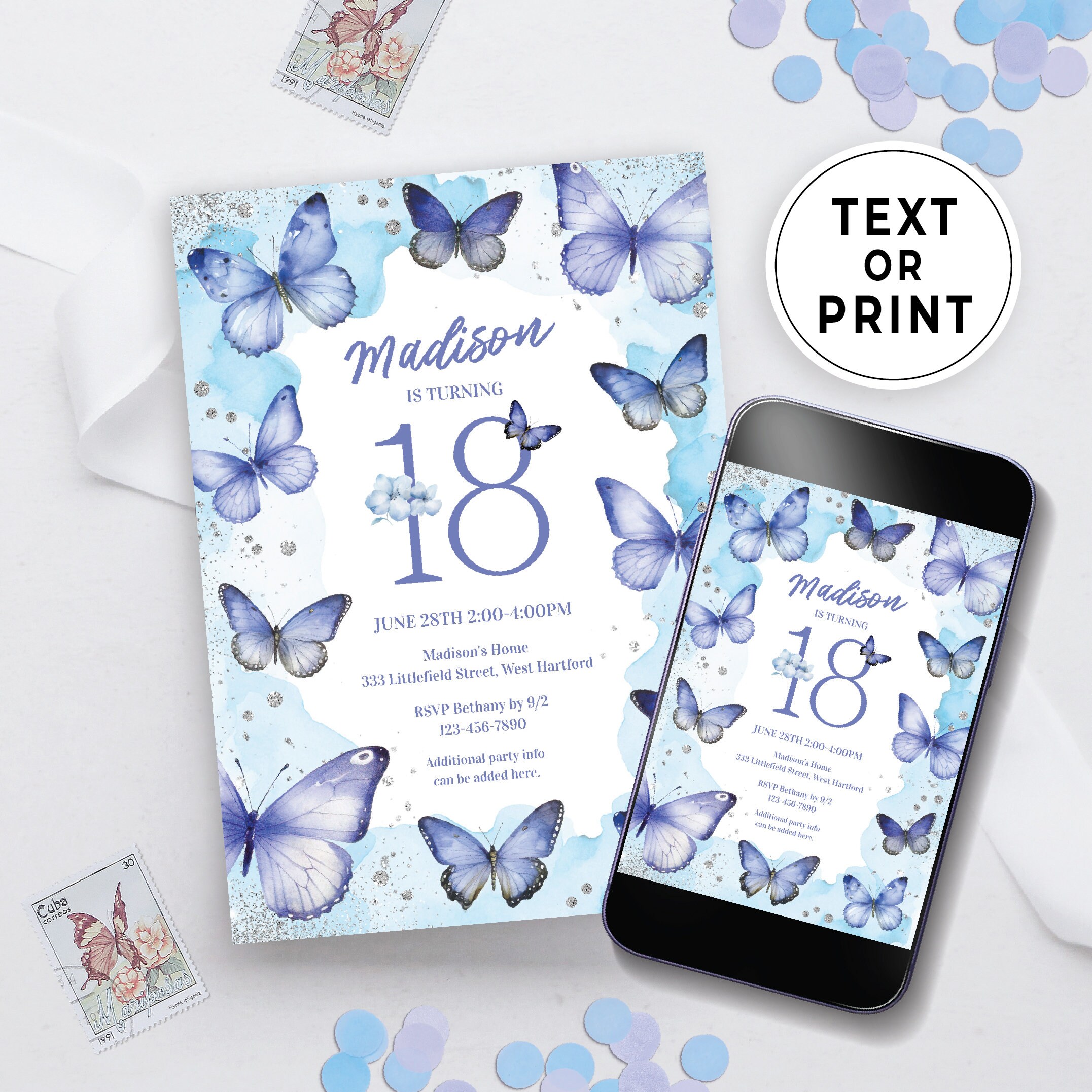 Editable Blue Butterfly Invitations, Pastel Monarch 18th Birthday ...
