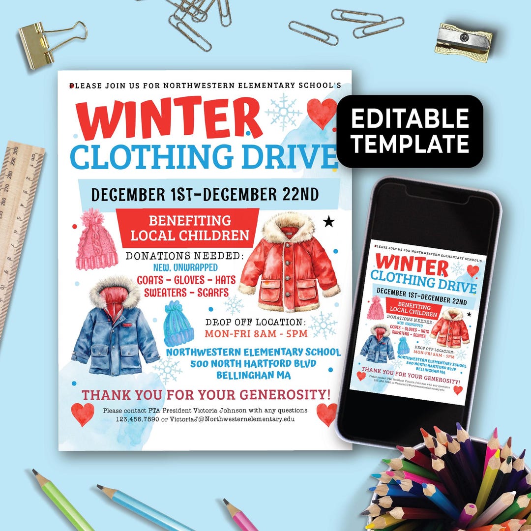 Editable Winter Clothing Drive Flyer, Winter Coat Drive Flyer, Winter ...