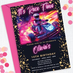 Editable Go Kart Girls Invitation, Gold and Pink Neon Birthday ...