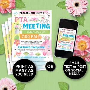 Editable PTO PTA May Meeting Flyer, Meeting Reminder Invitation, Spring ...