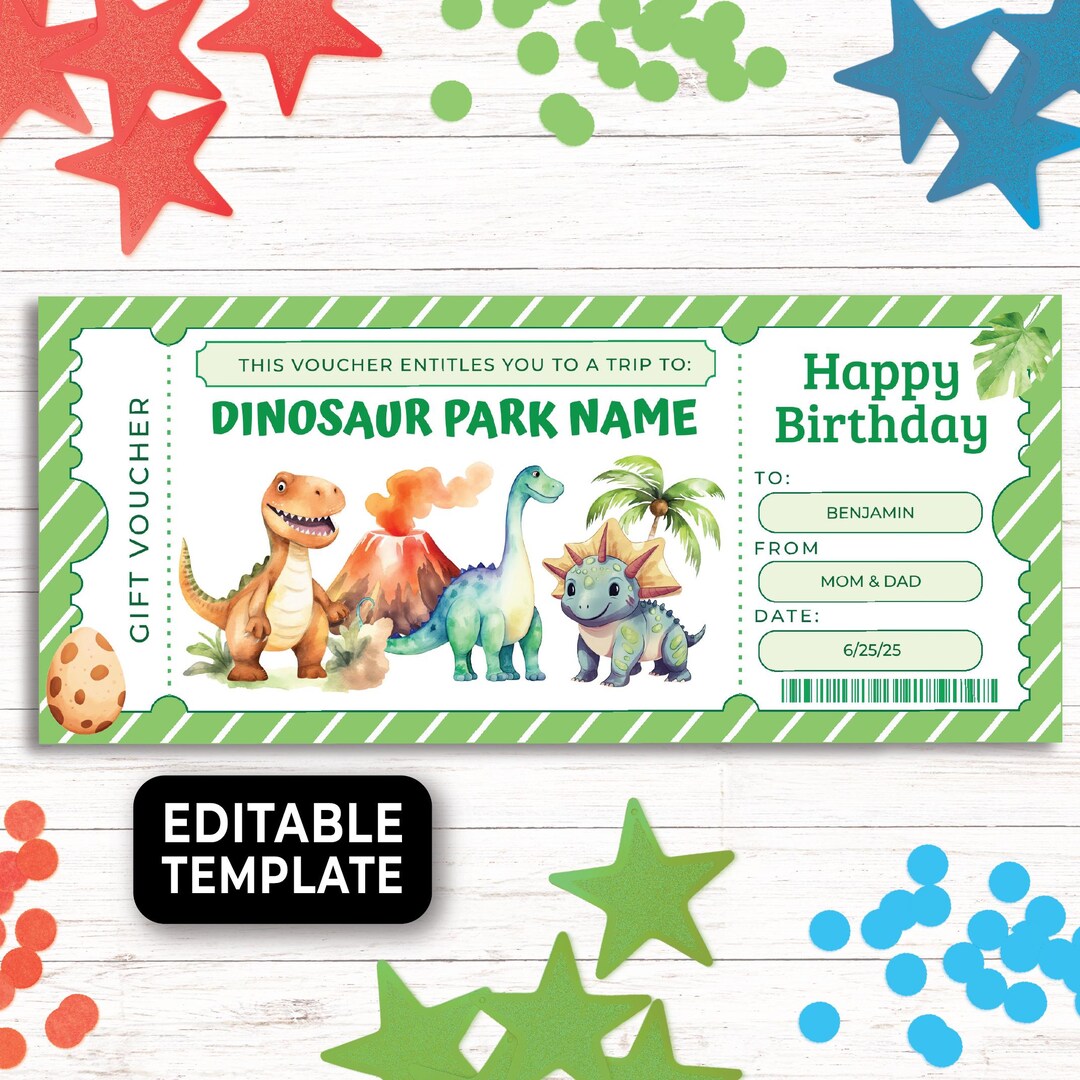 Editable Dinosaur Theme Park Voucher, Dinosaur Amusement Park Pass ...