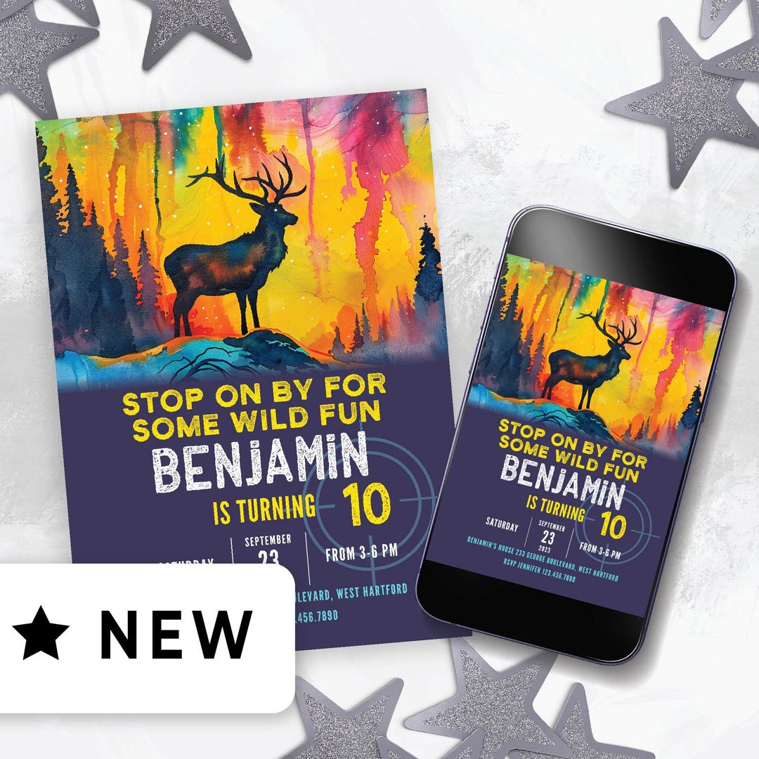 Editable Hunting Theme Birthday Invitation, Wild Deer Hunting ...